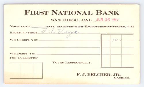 First National Bank San Diego CA Credit Private Mailing Card 1912 ...