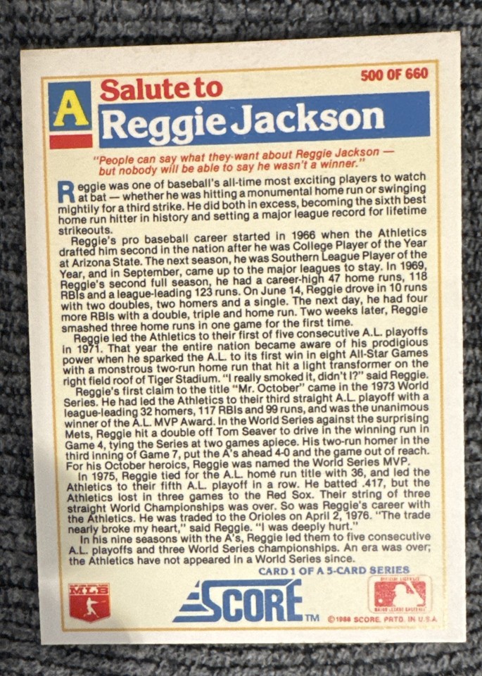 1988 Score Reggie Jackson #500 Salute Oakland A’s MLB Baseball Card NM ...