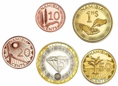 NAMIBIA 5 COINS SET 10 - 20 - 50 CENTS 1 + 5 DOLLARS BIMETALLIC BIMETAL ...