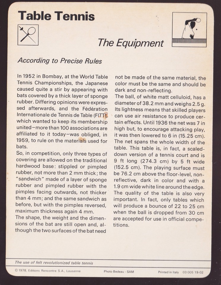 THE EQUIPMENT Table Tennis Ping Pong Photo 1978 SPORTSCASTER CARD #19 ...