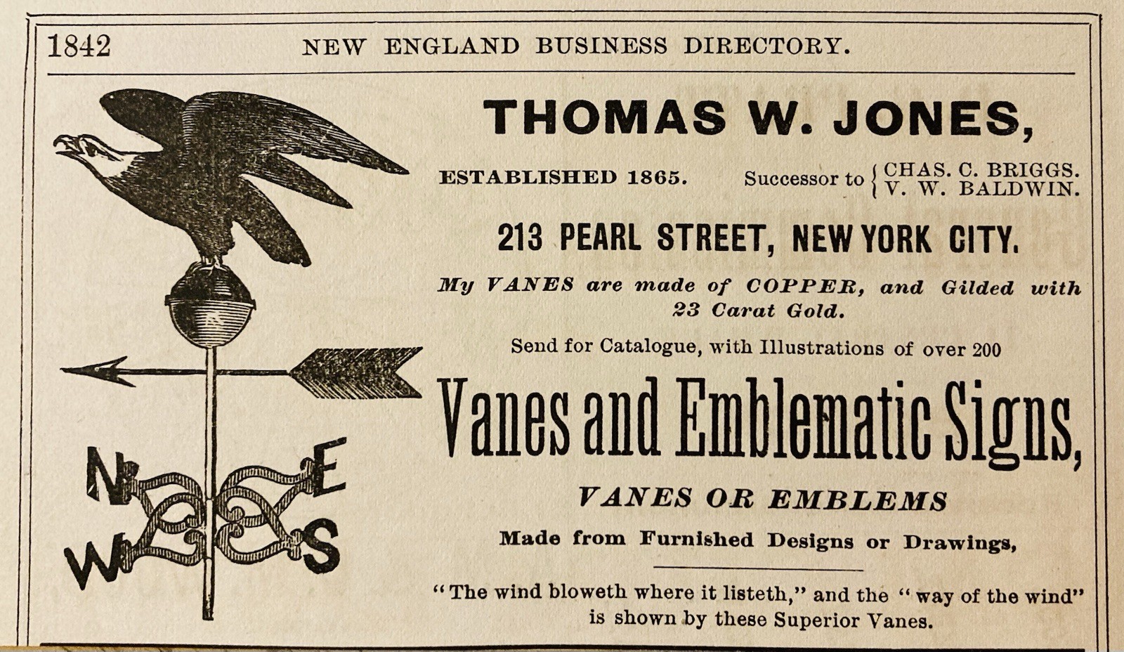 1883 AD(N18)~THOMAS W. JONES CO. PEARL ST. NYC. WEATHERVANES ...