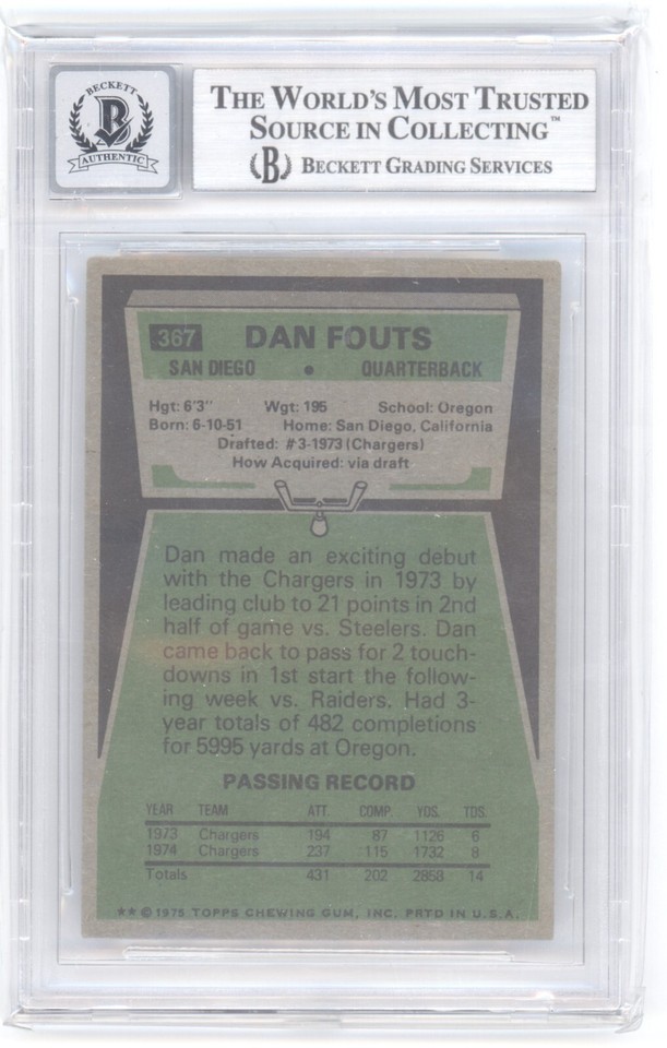 DAN FOUTS SIGNED "HOF 93" 1975 TOPPS ROOKIE #367 BAS BGS BAS BGS 10 ...