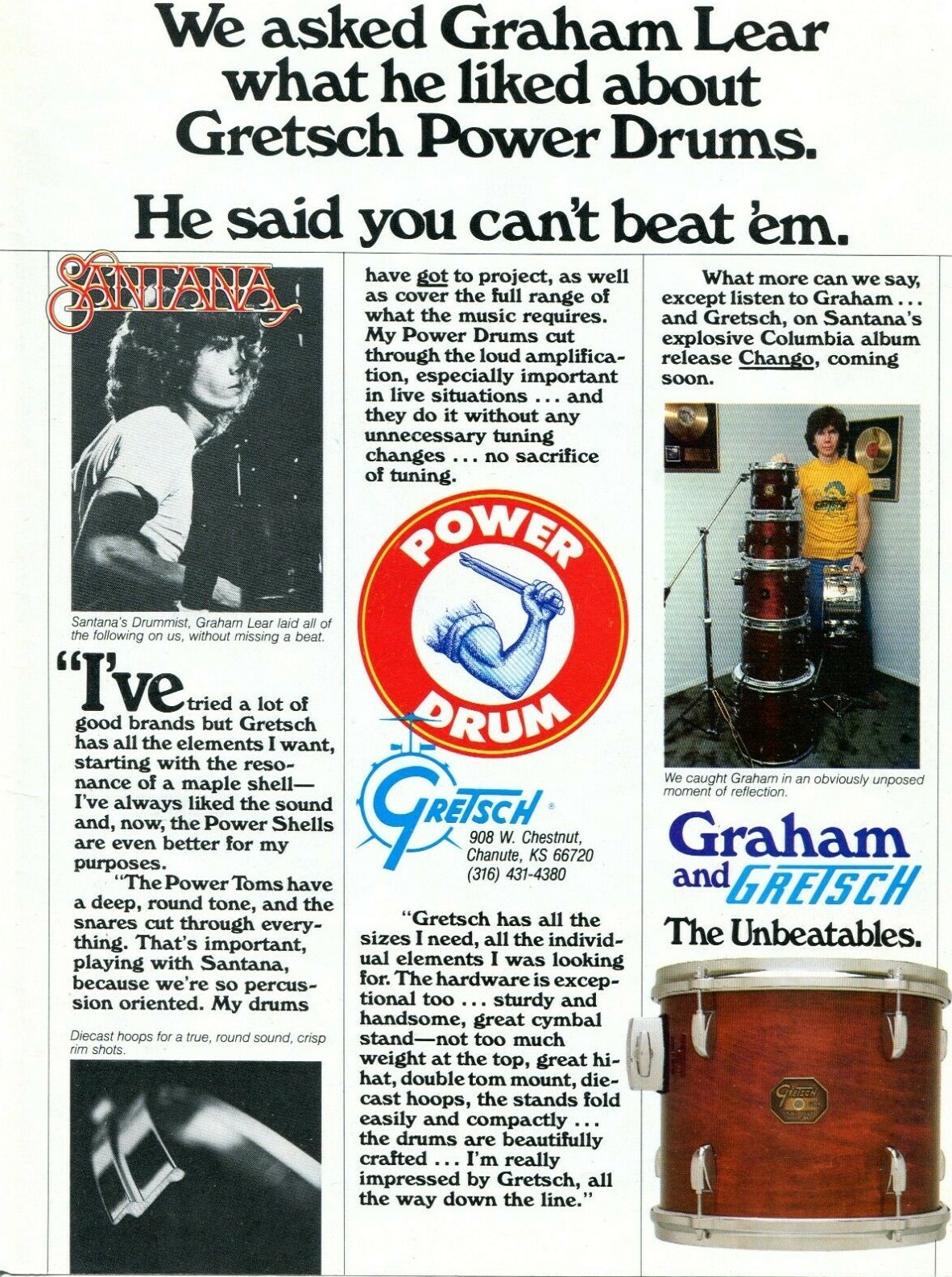 1982 Print Ad of Gretsch Power Drums w Drummist Graham Lear of Santana | eBay