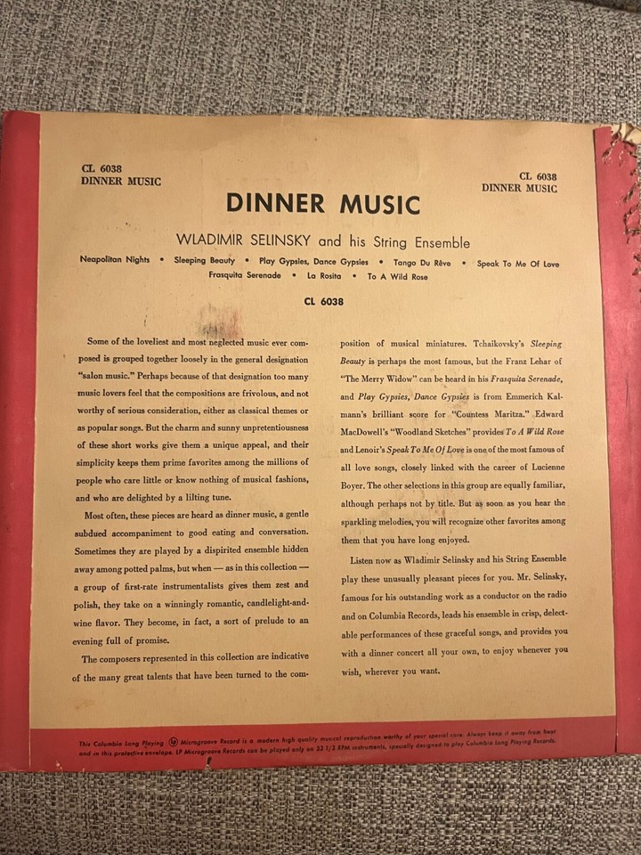 Wladimir Selinsky And His String Ensemble – Dinner Music Label: CL 6038 ...