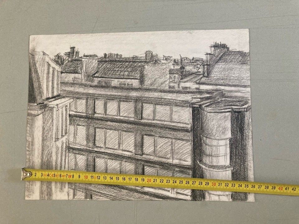 Beautiful charcoal drawing 1970 on paper Paris building, street ...