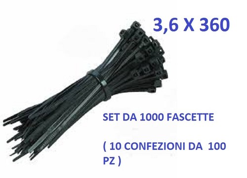 FASCETTE PLASTICA PER CABLAGGIO 360 x 3,6 mm NERO 1000 PEZZI (CONF.DA ...
