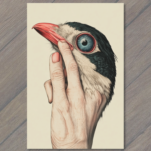 Art Print Surreal Human Hand Holding Bird Beak Strange Blue Eye Weird ...