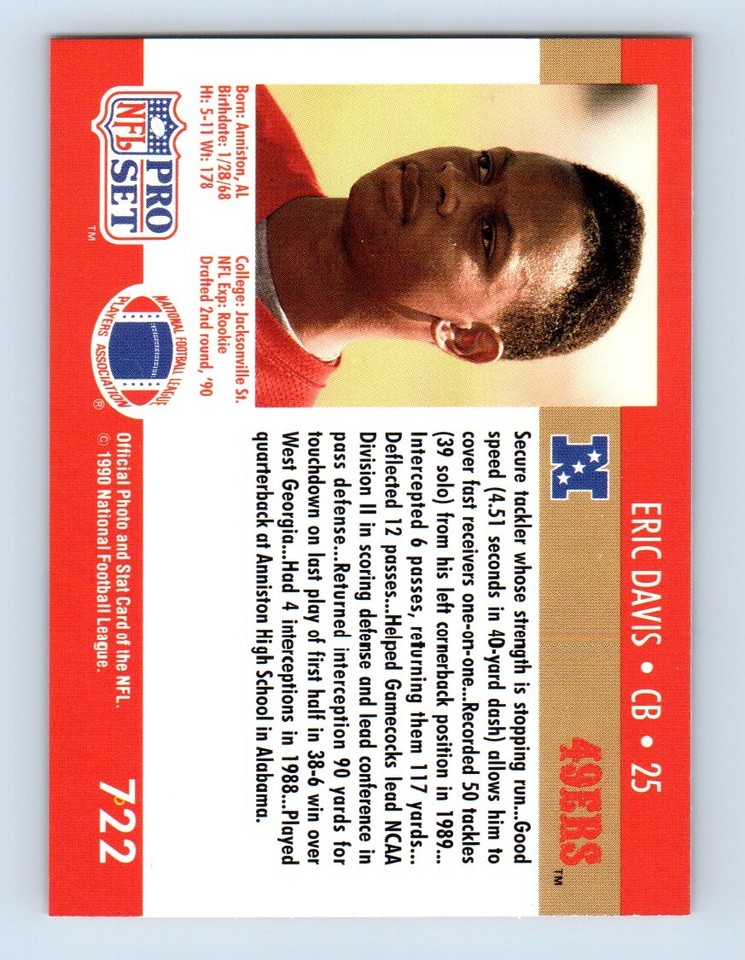 1990 Pro Set Eric Davis Rookie San Francisco 49ers #722 | eBay