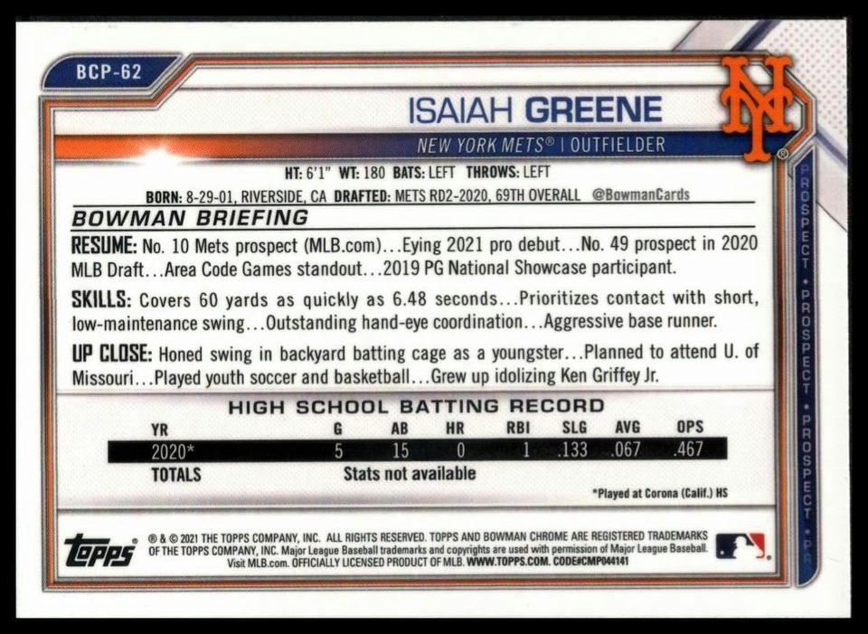 2021 BOWMAN CHROME PROSPECTS #BCP62 ISAIAH GREENE NEW YORK METS | eBay