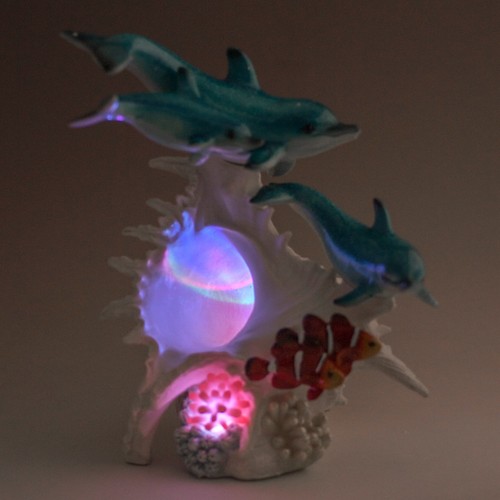 Blue Dolphins & Clown Fish Swimming Over LED Conch Shell Figurine ...