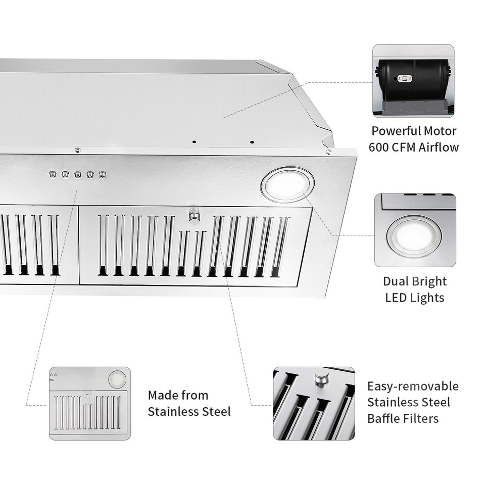 20/30/36 inch Insert Range Hood 800CFM Kitchen Built in Vent 3-Speed ...