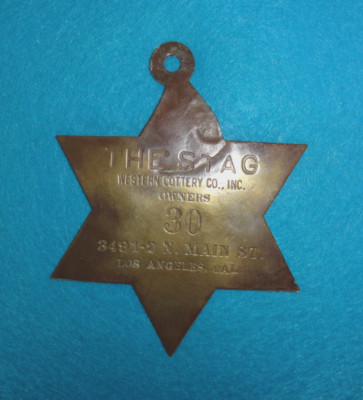 Huge Circa 1920 Key Tag Token, "The Stag, 3491-2 N. Main St., Los ...