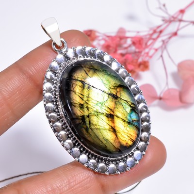 Pietra Labradorite Vintage Handmade 925 Ciondolo Placcato Argento 2.1 ...