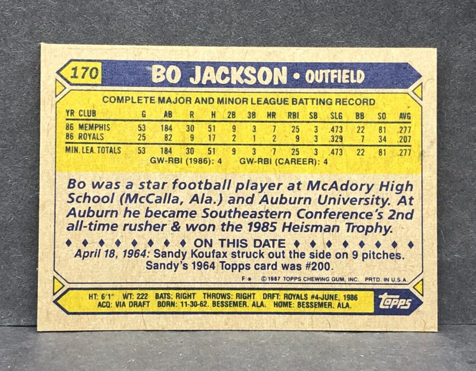 1987 Topps BO JACKSON Rookie Card No. 170 Crease-Free NM-MT Kansas City ...