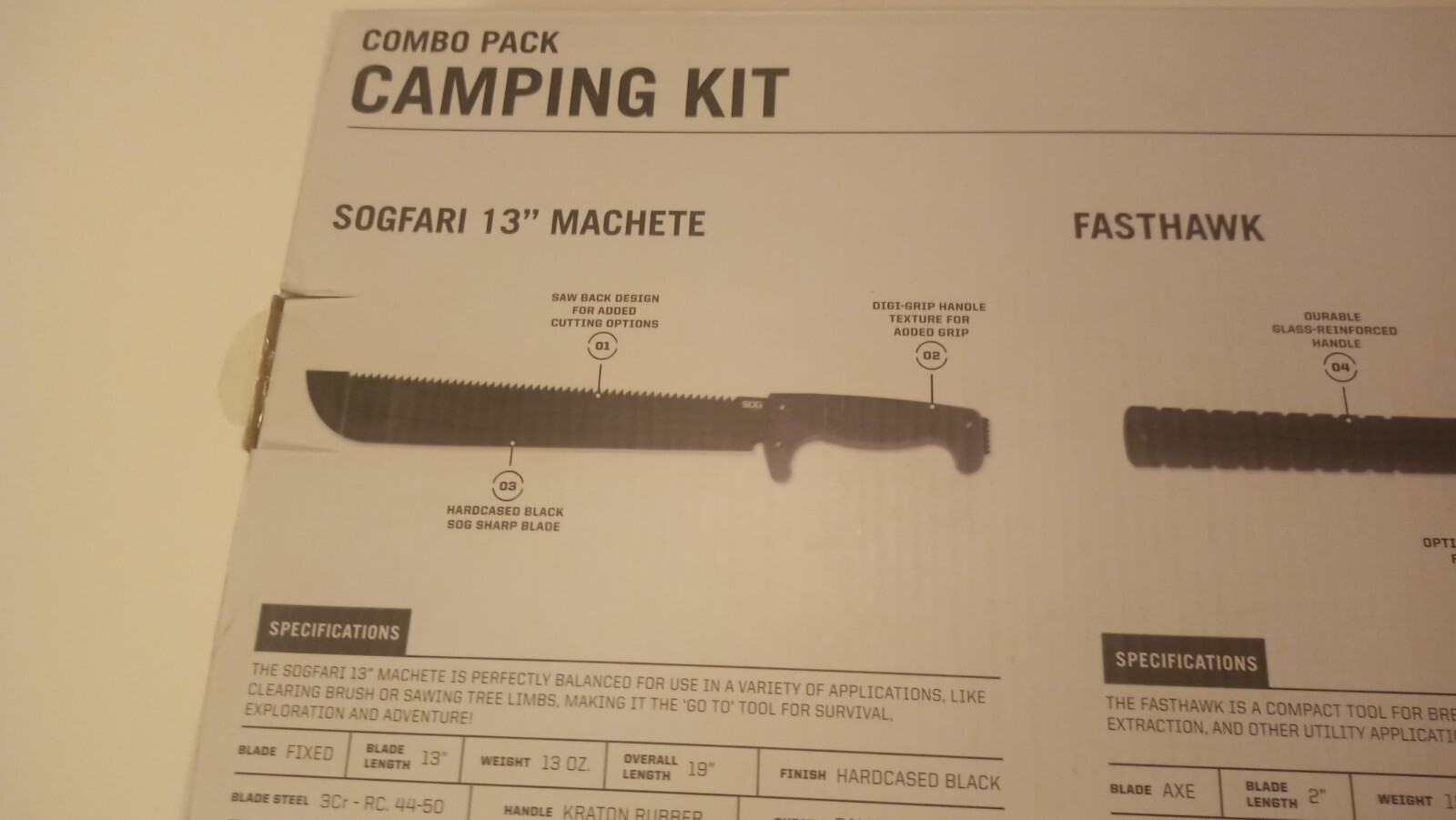 SOG Combo Pack Camping Kit, SOGfari 13" Machete, FastHawk Axe, Magnadot ...