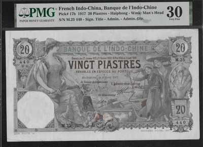 French Indochina P-17b 20 Piastres Haiphong 1917 PMG 30 Pinholes, Rust ...