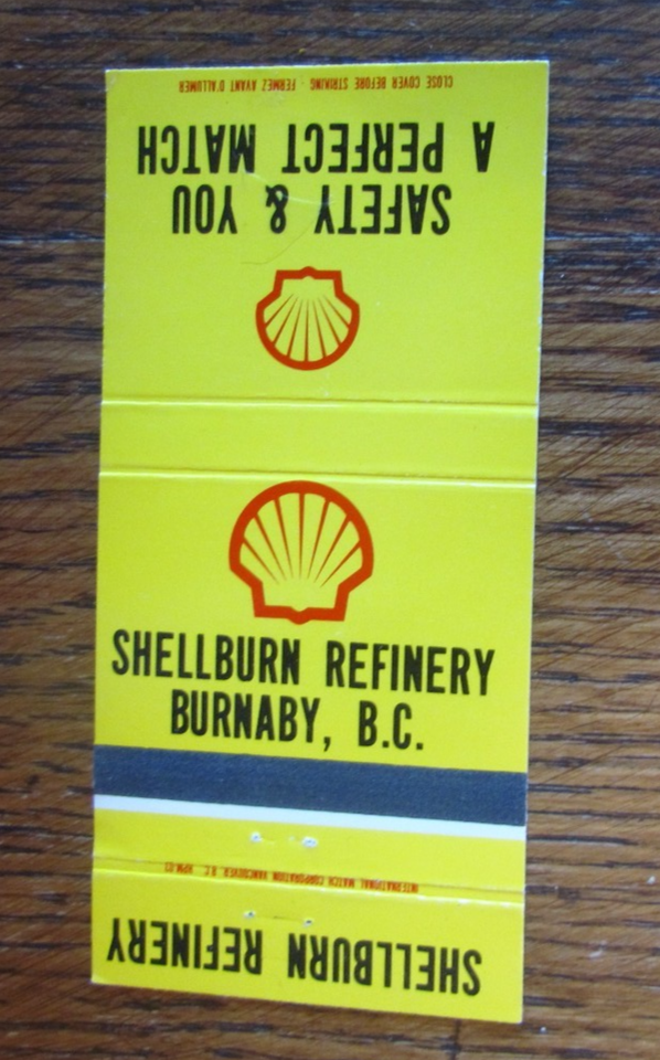 SHELLBURN SHELL REFINERY MATCHBOOK COVER: BURNABY, BC EMPTY MATCHCOVER ...