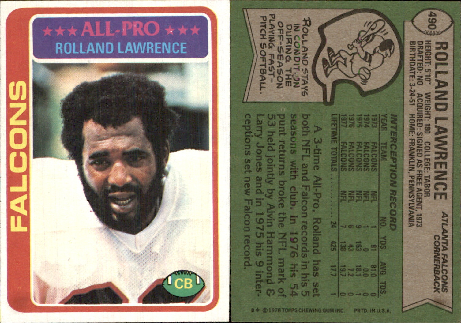 Rolland Lawrence 1978 Topps #490 Card Atlanta Falcons FREE SHIP ...