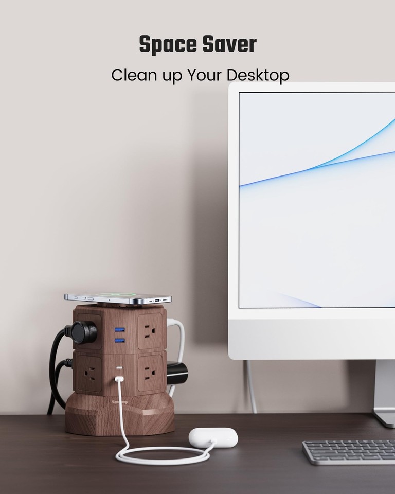 SUPERDANNY Power Strip Surge Protector Tower with 15W Wireless Charger ...