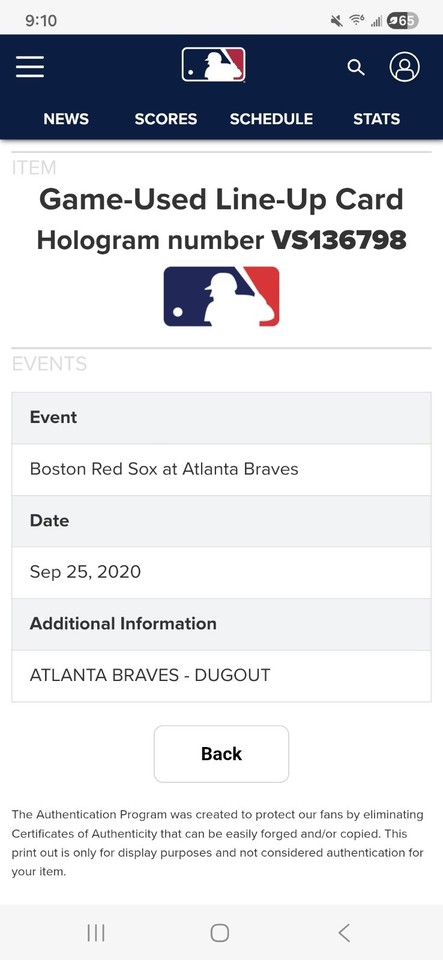 Red Sox vs Atlanta Braves Game-Used Base & Line-Up Card 9/25/2020 Acuna ...