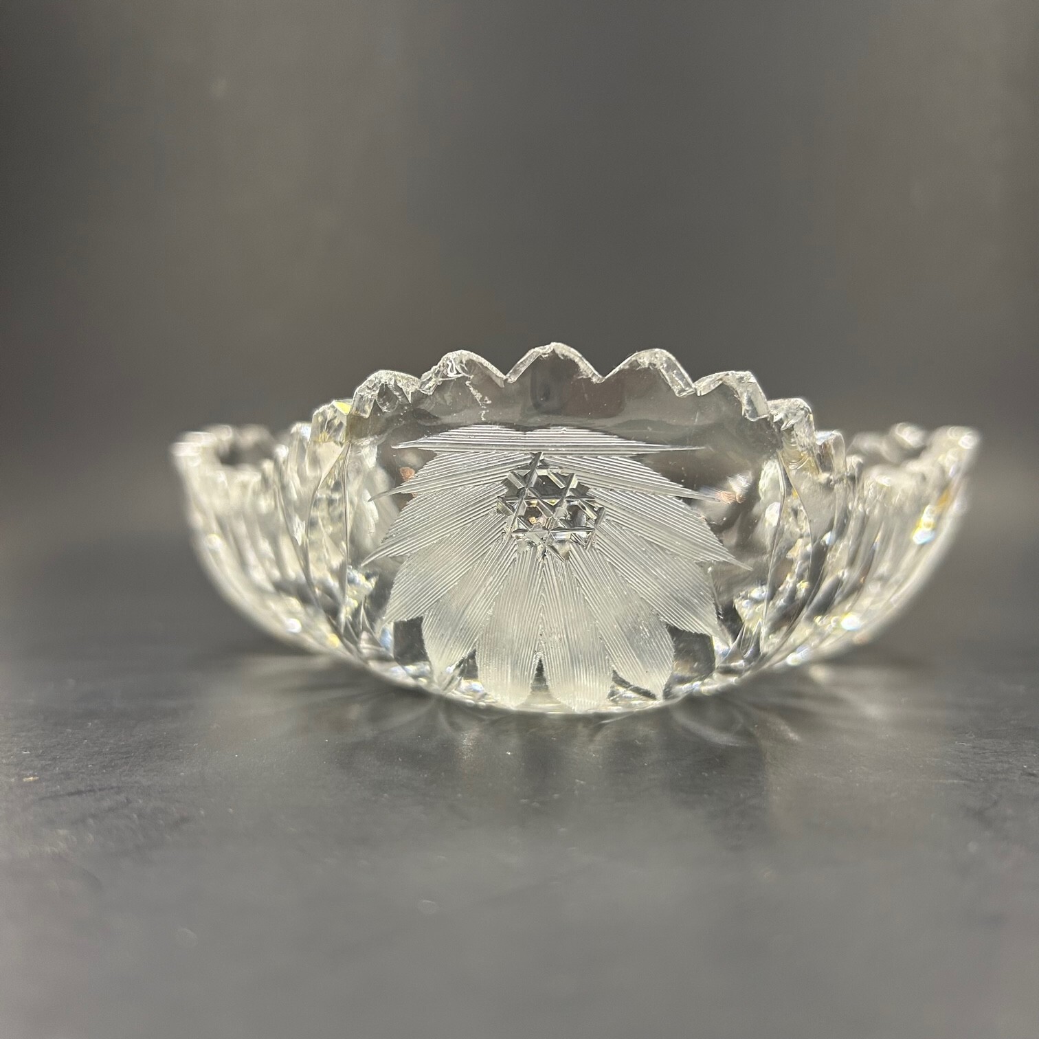 American Brilliant Cut Glass Triangle Bowl with Wheel Cut Flowers ...