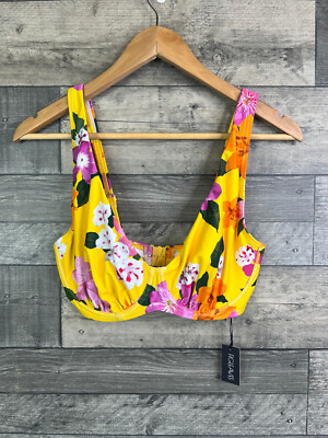 Figleaves Underwired Bikini Top Size 32FF Yellow Floral Panama Plunge ...