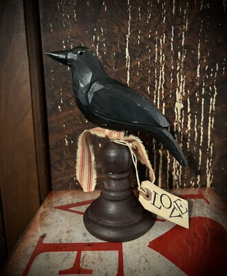 Grubby Primitive carved Wood Crow Raven Pedestal Spindle Valentines Day ...