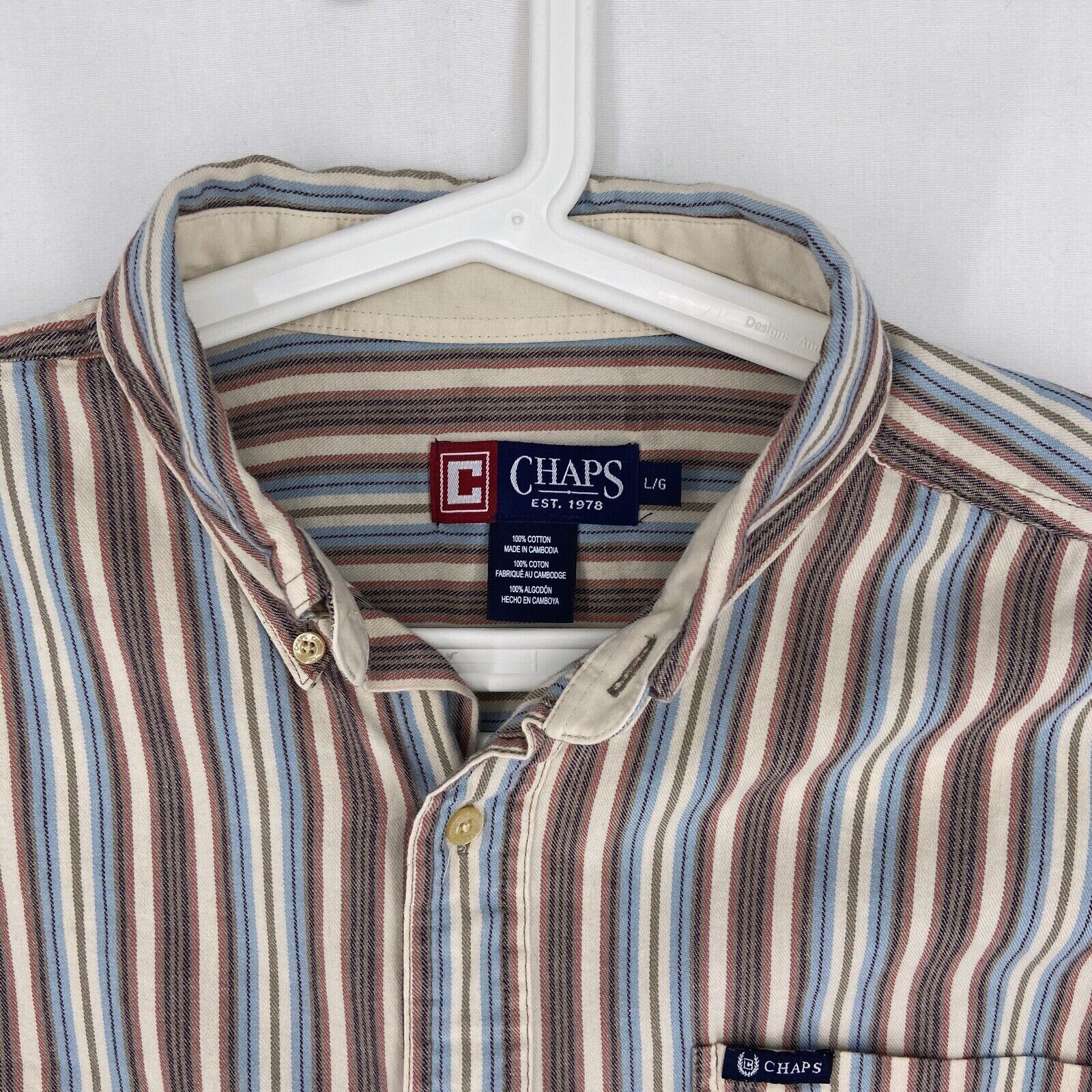 Chaps Mens Size Large Button Down Shirt Brown Blue Stripes Long Sleeves Pocket | eBay