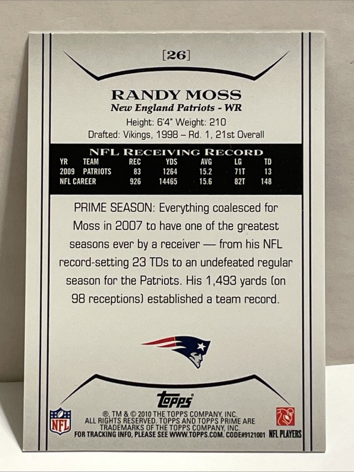 2010 Topps Prime Randy Moss Gold Card#26 Ser#55/199 NM/Mint Condition ...