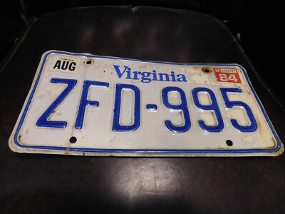 Virginia License Plate VA # ZFD-995 Tag Expired in 1984 | eBay