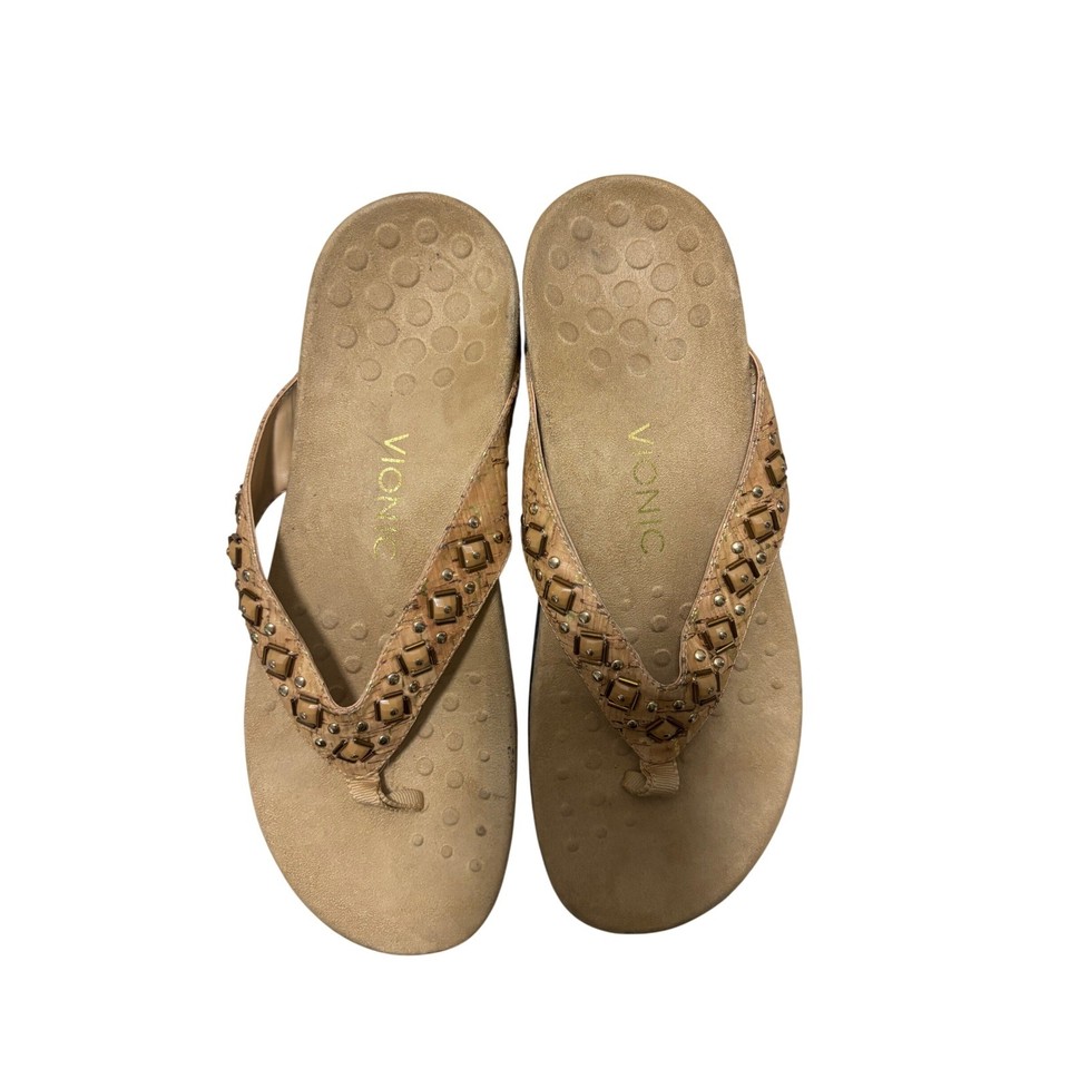 Vionic Floriana Cork Studded Orthotic Sandals Womens 9 Tan Gold Flip ...