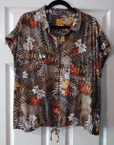 RUBY RD. Woman Plus 1X Blouse Cap Sleeve Button Down V-Neck Tie Leopard ...