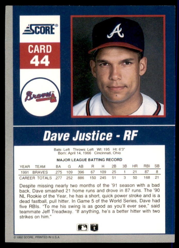 David Justice 1992 Score Impact Players Card# 44 | eBay