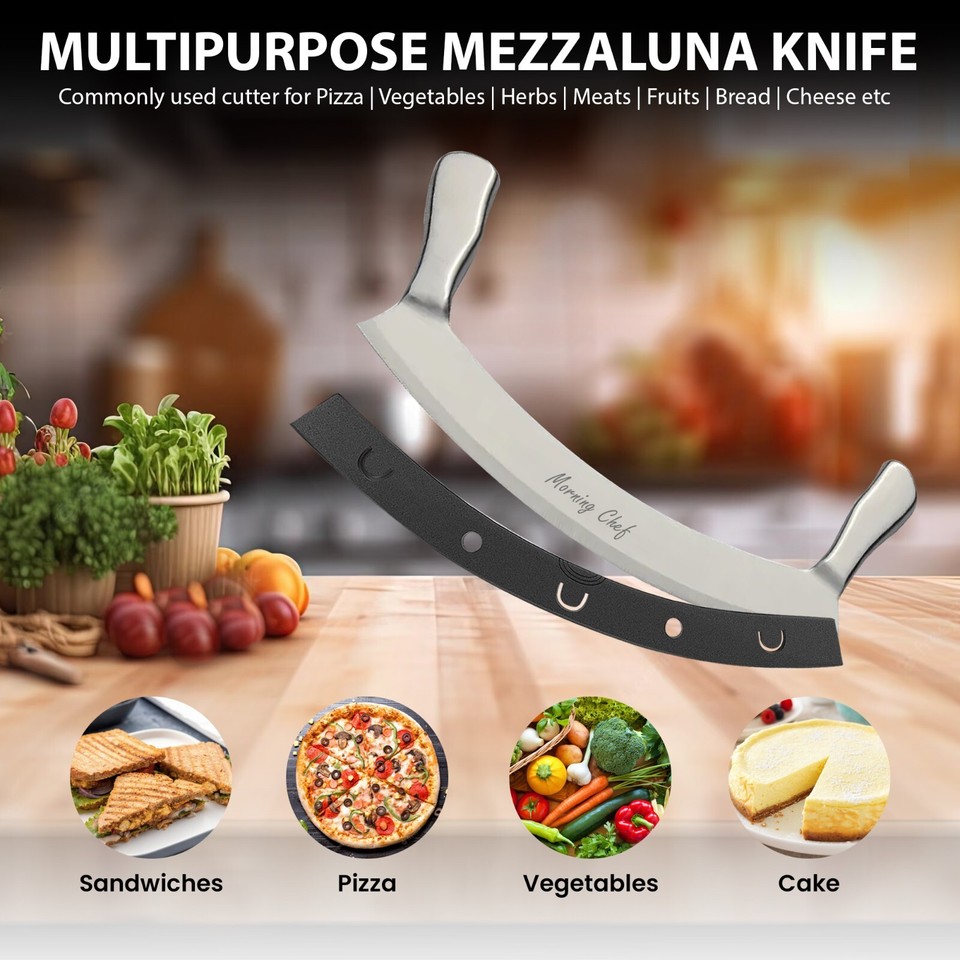 12 inch Stainless Steel Mezzaluna Knife | Pizza Cutter Chopper Dicer ...