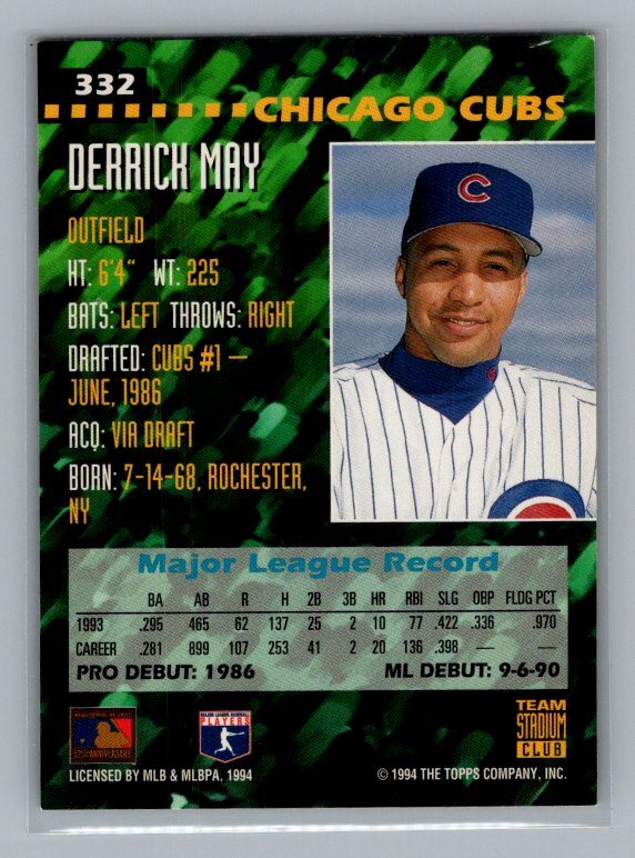 1994 Derrick May #332 Topps Chicago Cubs First Day Issue MBBC #17 | eBay