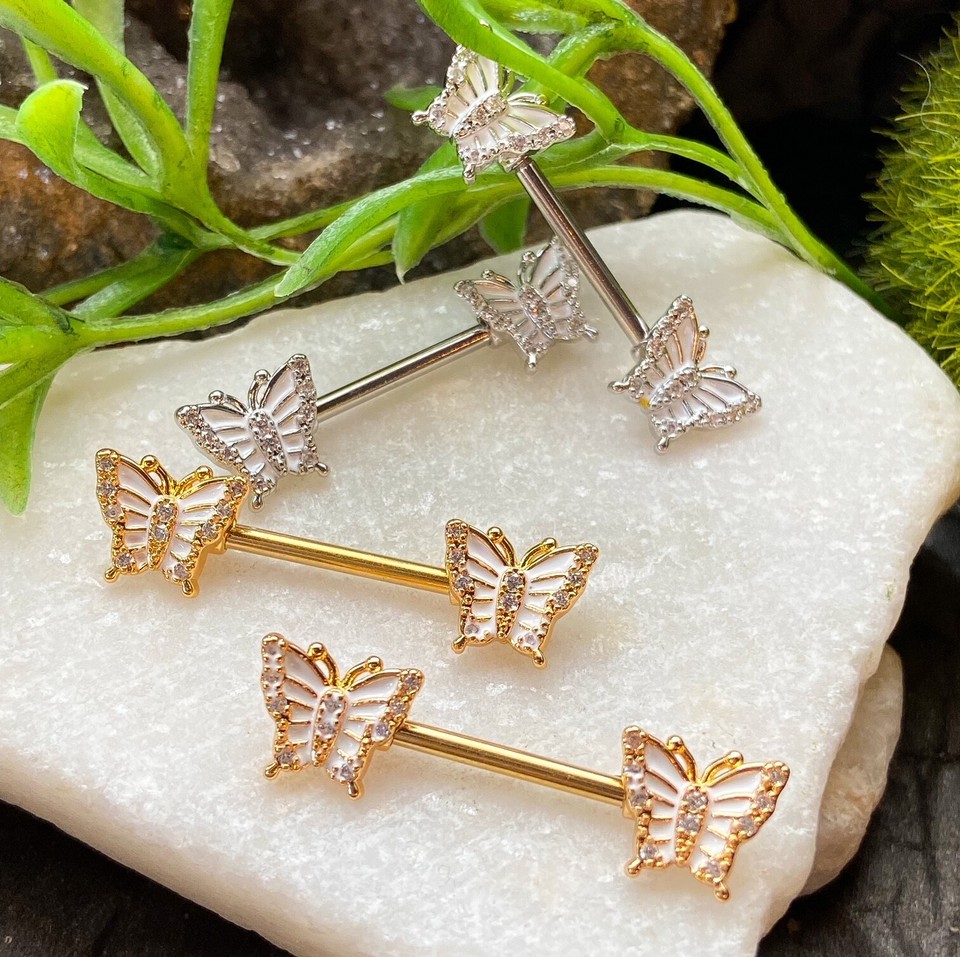 PAIR White Gem Butterfly Ends Nipple Rings Shields Pierced Barbells ...