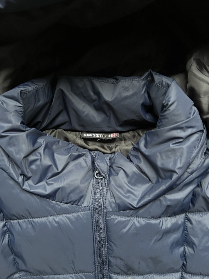 Swiss Tech Men’s Large Navy Blue Puffer Jacket Hooded Storm Cuffs ...