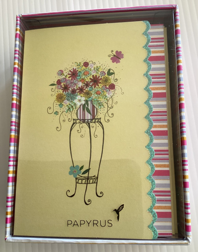 Papyrus NOTE CARD SET (14) All-Occasion FLOWERS IN VASE Glitter +GOLD ...