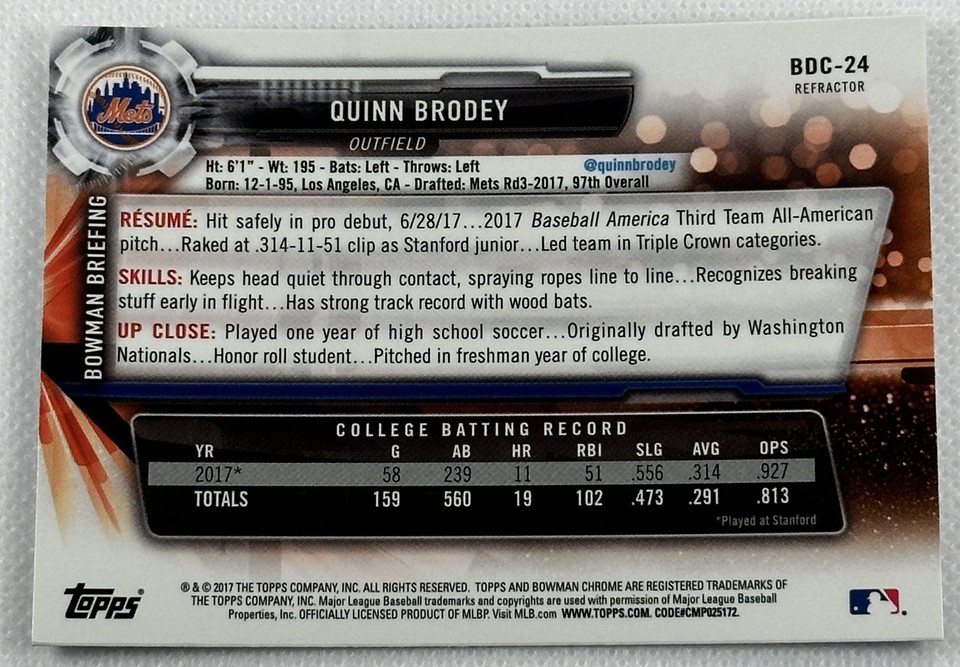2017 1st Bowman Draft Chrome Refractor BDC-24 Quinn Brodey New York ...