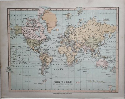 1878 ANTIQUE MAP WORLD MERCATORS PROJECTION EUROPE AMERICA GREENLAND ...