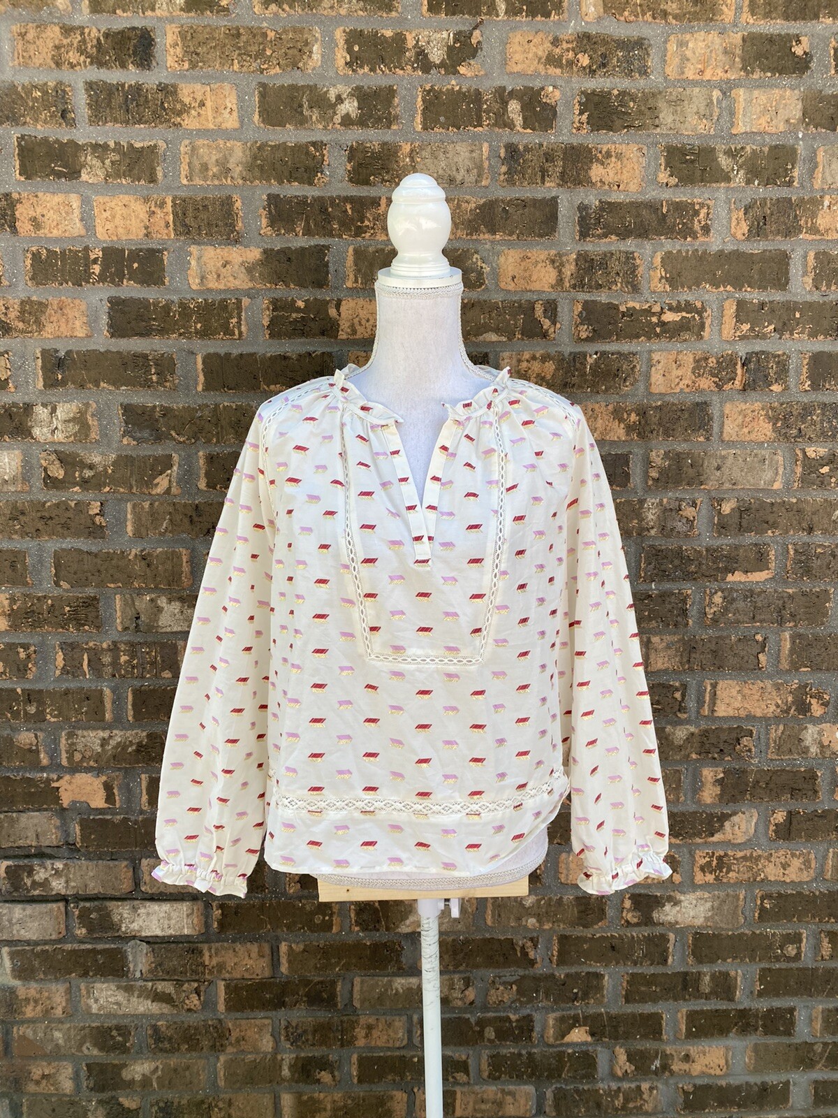 J.CREW SM Ivory Guava Point Sur Ruffle-neck Popover in Metallic Clip Dot Blouse for sale online ...