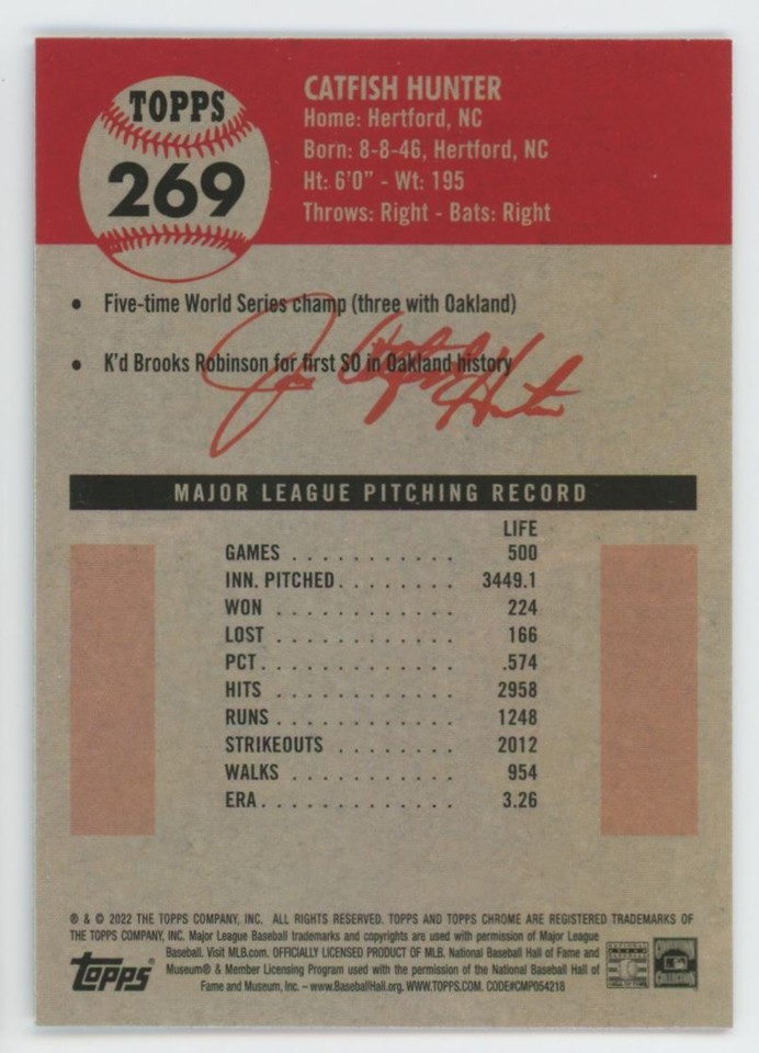 2022 Topps Chrome Platinum Anniversary Catfish Hunter Oakland Athletics ...