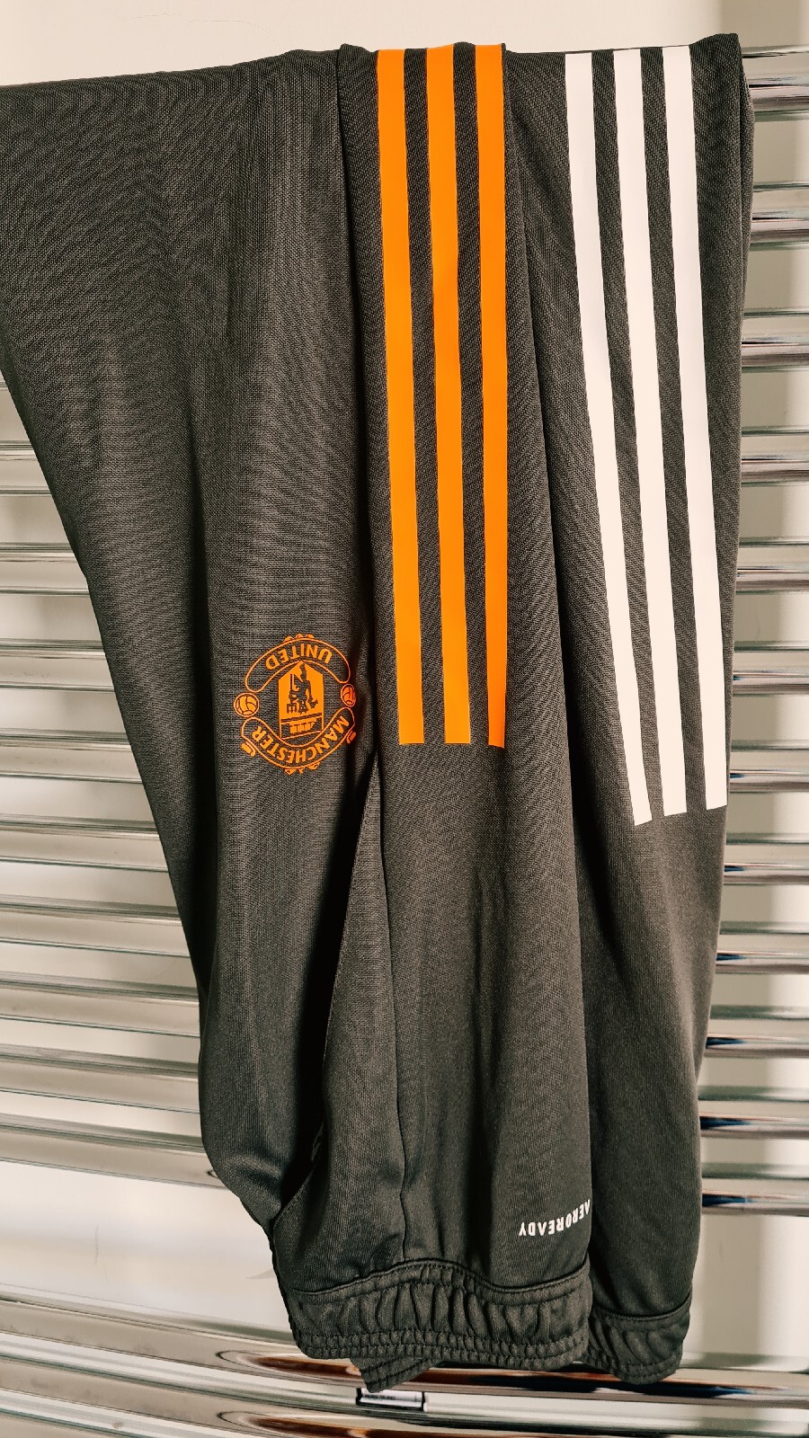 adidas AEROREADY MUFC Trackie Bottoms Size UK MED Colour Green / Orange ...