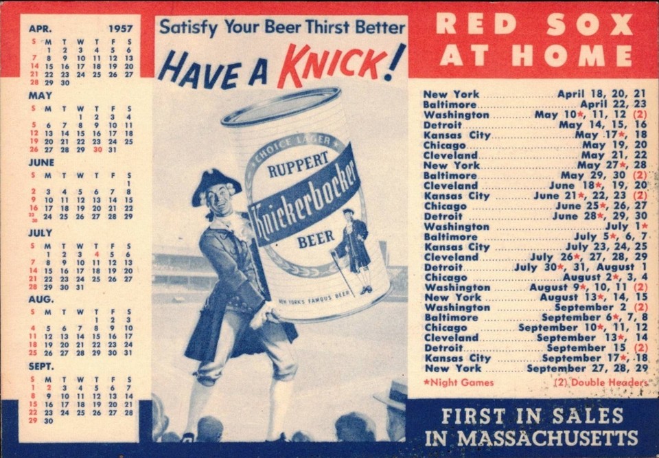 1957 Boston Red Sox Home Games Pocket Schedule Sponsored by ...