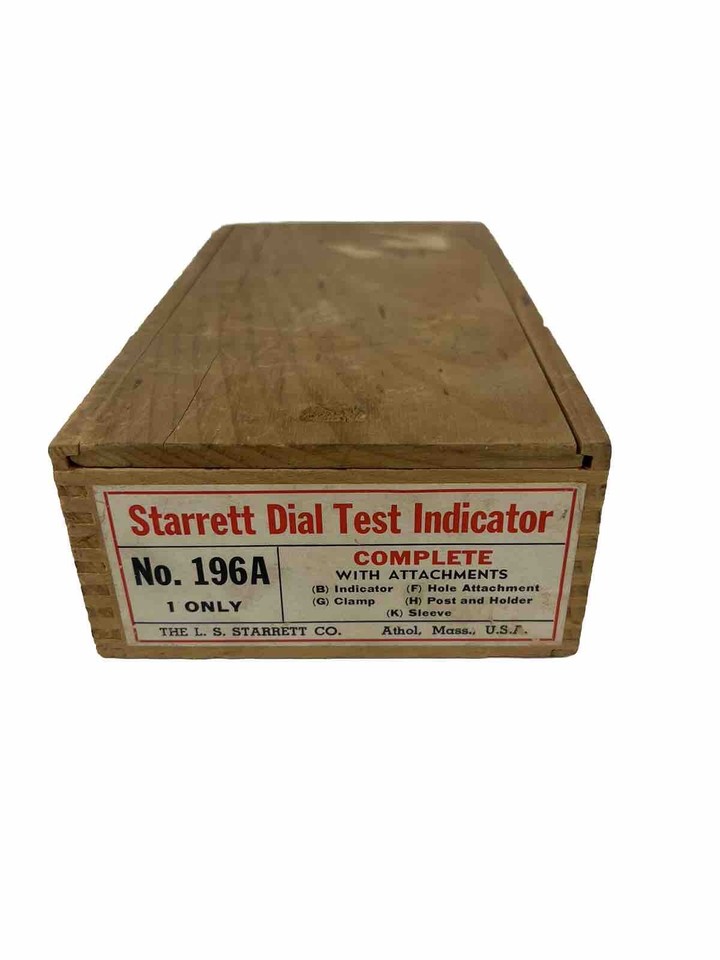 Vintage Starrett No. 196A Dial Test Indicator w/ Attachments Wood Case ...