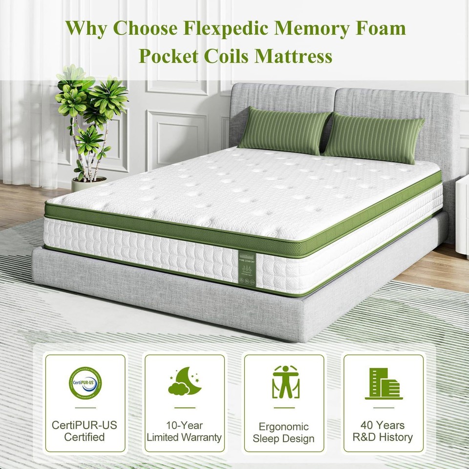 FLEXPEDIC Medium Firm Hybrid Mattress Gel Memory Foam Pocket Springs ...