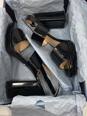 PRADA Slingback Platform Strappy Sandals 95mm Black Patent PRADA Slingback Platform Strappy Sandals 95mm Black Patent