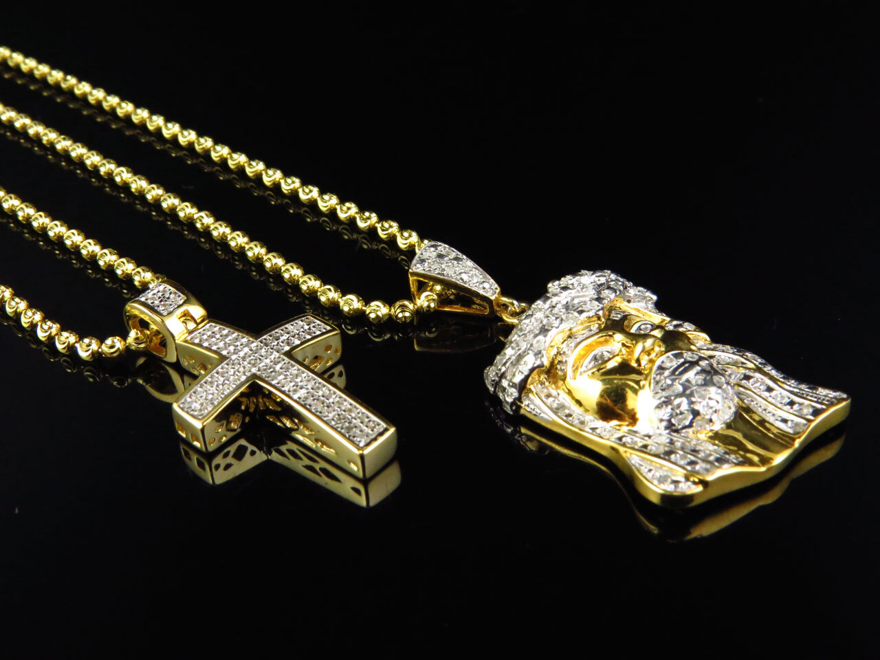 Genuine Diamond Yellow Gold Finish Mini Micro Jesus Pendant and Cross ...
