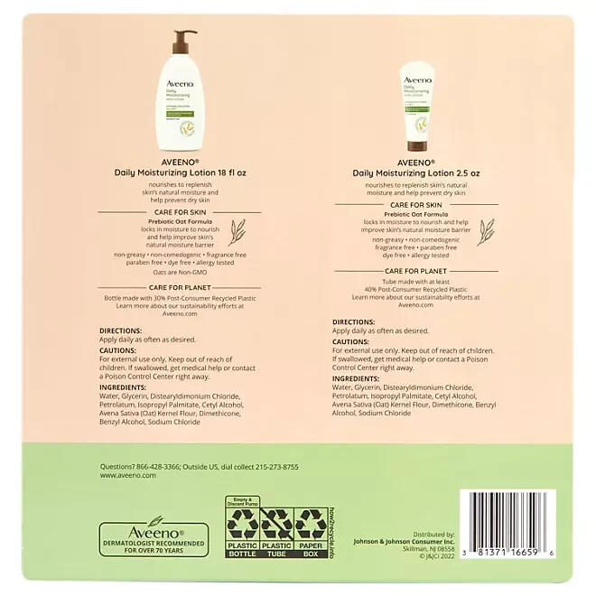 Aveeno Daily Moisturizing Lotion (18 fl. oz., 2 pk. + 2.5 oz. Tube) | eBay