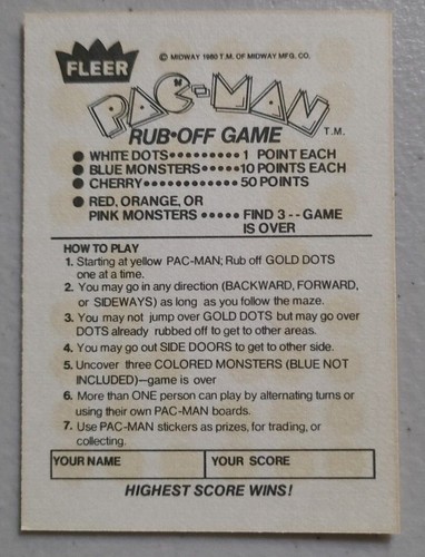 1980 Fleer Midway Pac-Man: Rub Off Scratch Game Card. Unscratched!! (NM ...